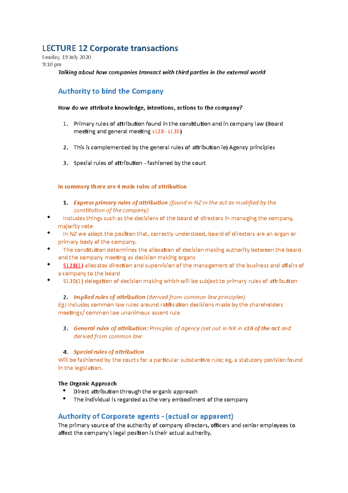 Company Lecture 12 Corporate transactions - Company Law - AUT - Studocu
