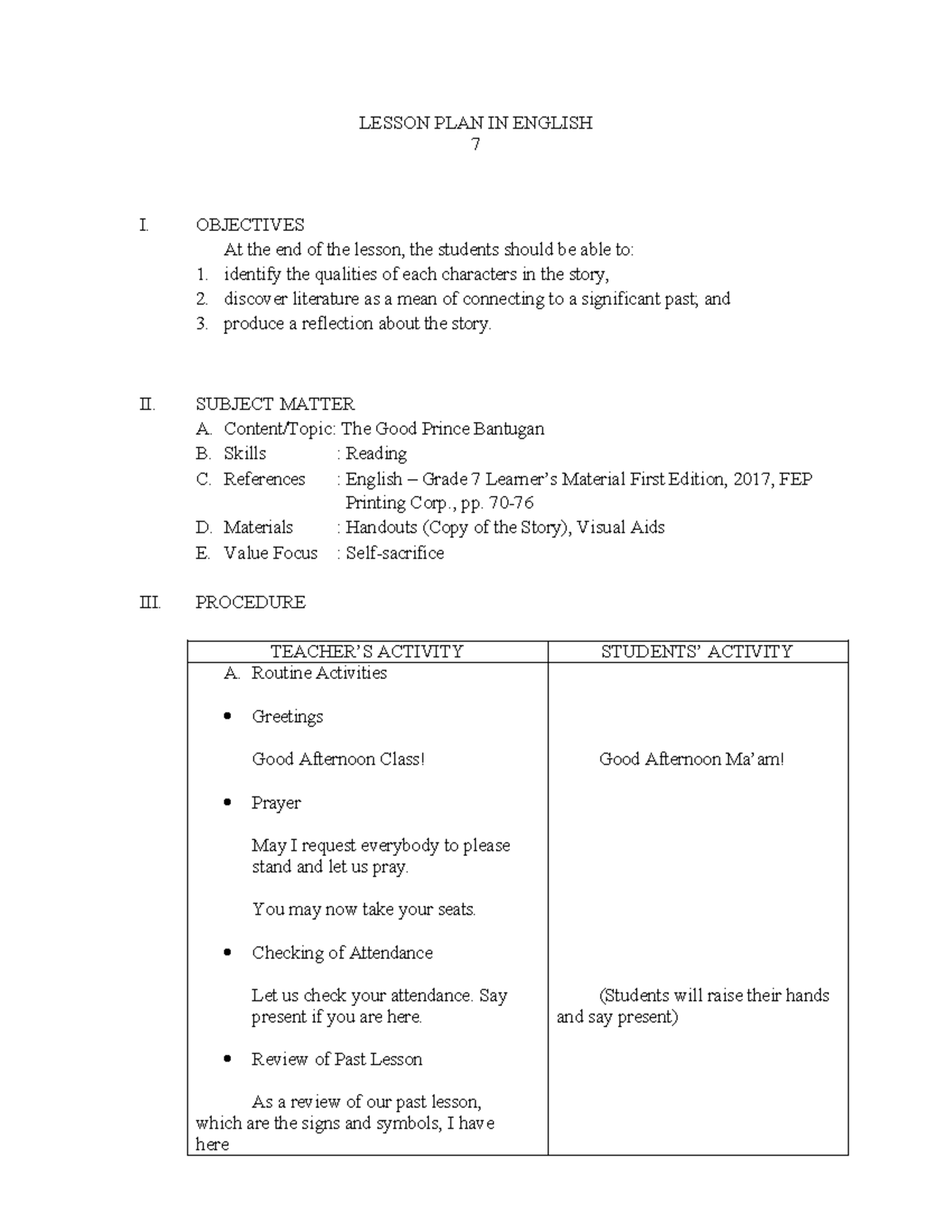 Lesson-plan-in-english-7 THE GOOD Prince - LESSON PLAN IN ENGLISH 7 I ...