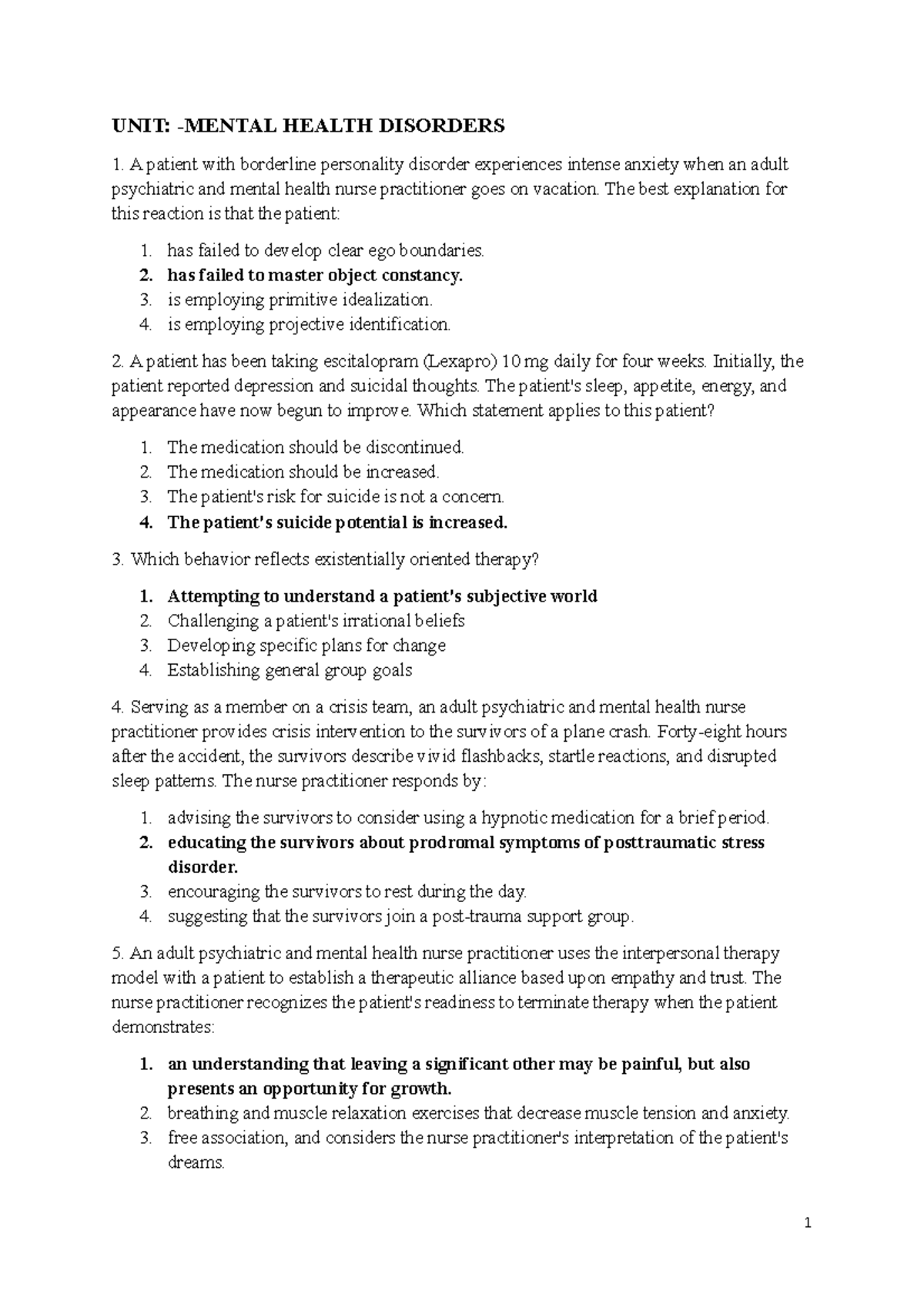 Mental health nursing MCQ - UNIT: -MENTAL HEALTH DISORDERS A patient ...