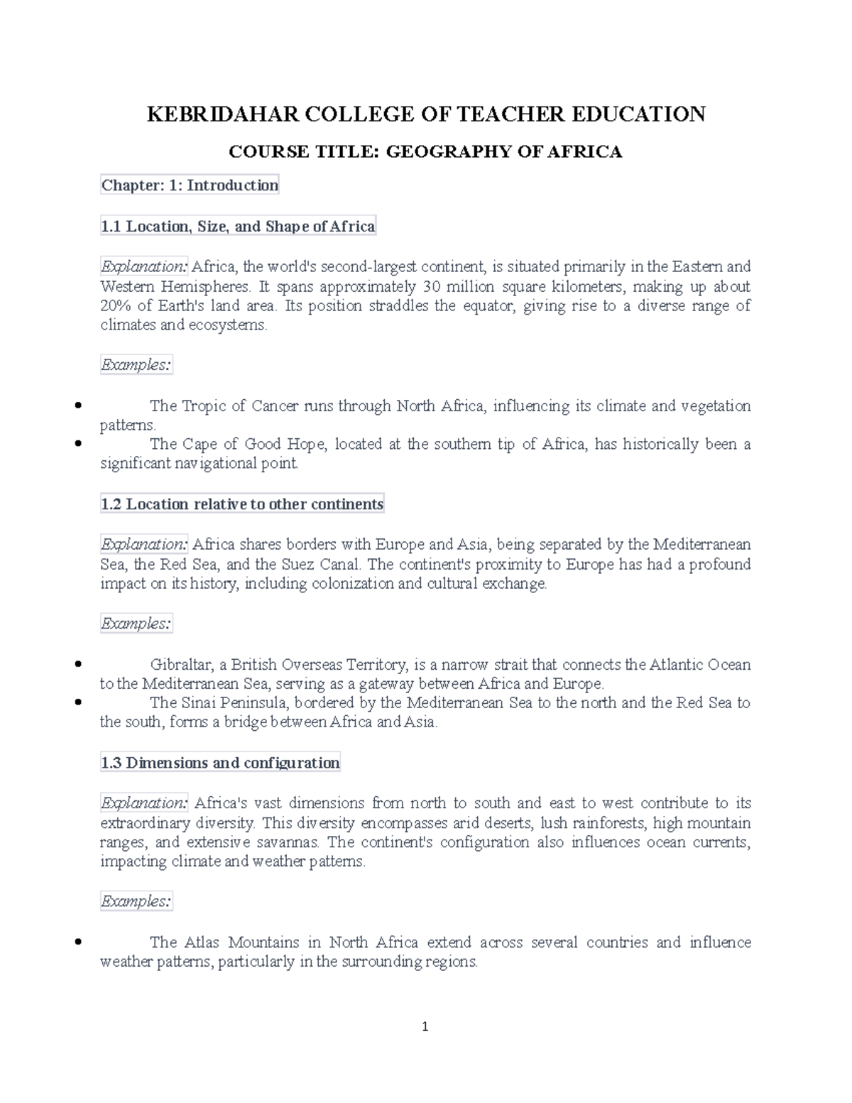 Social Course Geography OF Africa - KEBRIDAHAR COLLEGE OF TEACHER ...