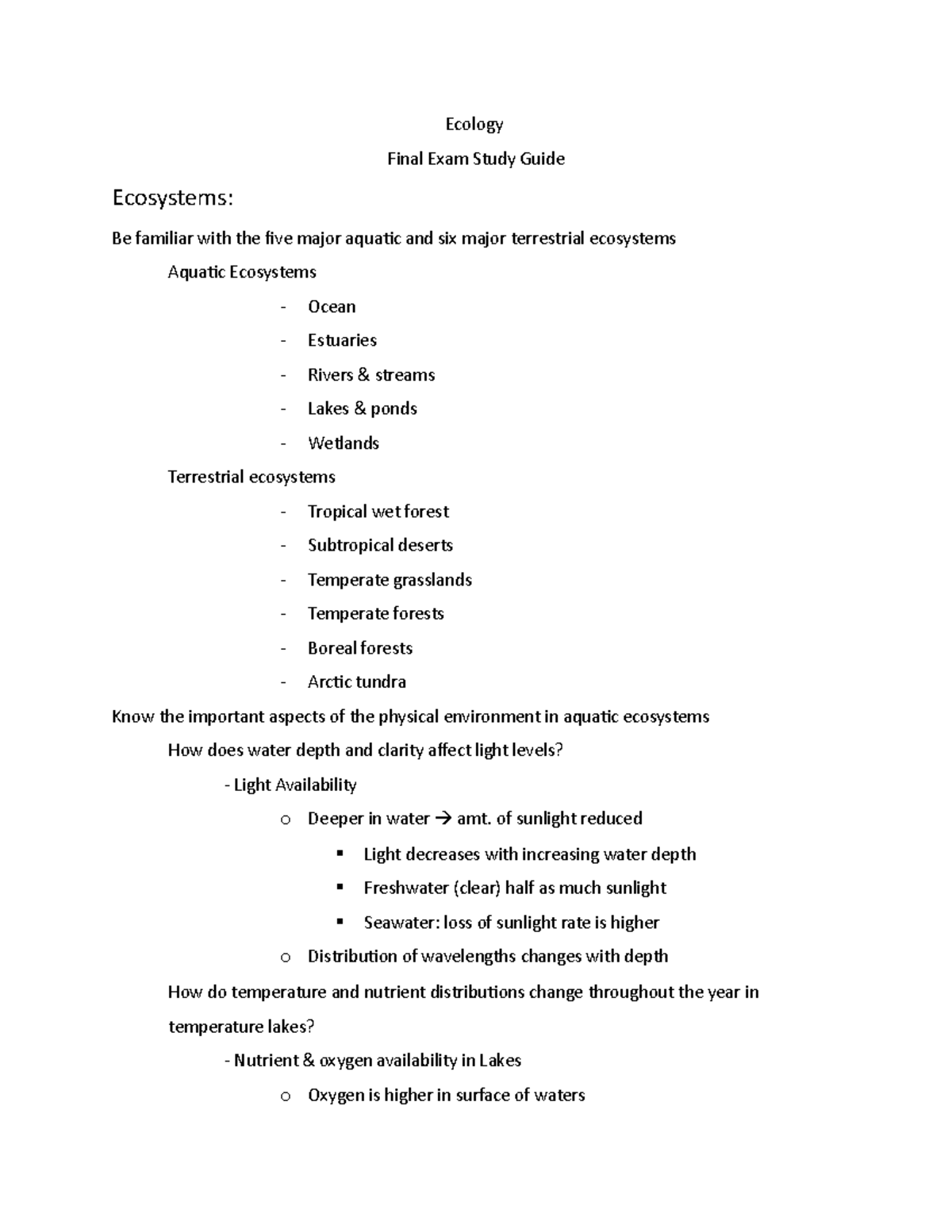 Final Exam Study Guide Ecosytems - Ecology Final Exam Study Guide ...