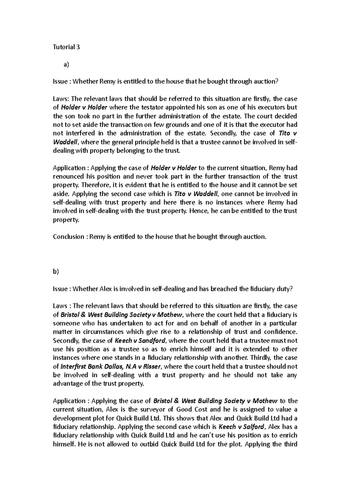 Equity Tutorial 3 - Tutorial 3 a) Issue : Whether Remy is enitled to ...