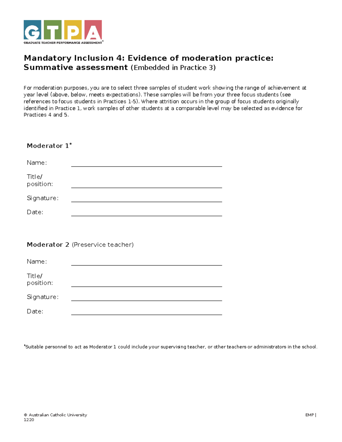 Evidence of Moderation Practice Placement - Mandatory Inclusion 4 ...