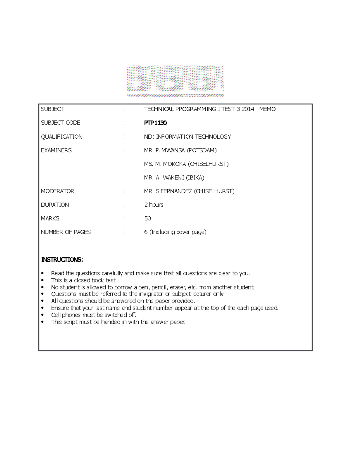 Technical Programming1 Test4 2014 Memo - SUBJECT : TECHNICAL ...