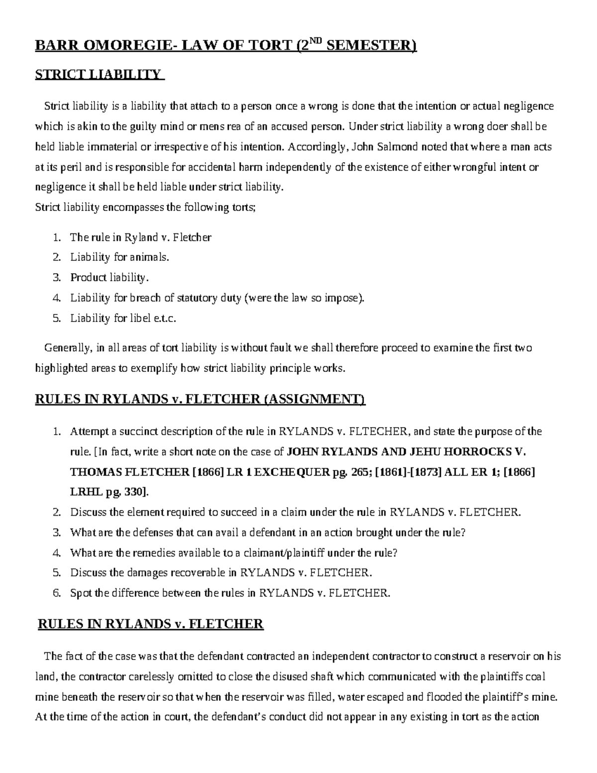 Law of torts omoregie - BARR OMOREGIE- LAW OF TORT (2 ND SEMESTER ...