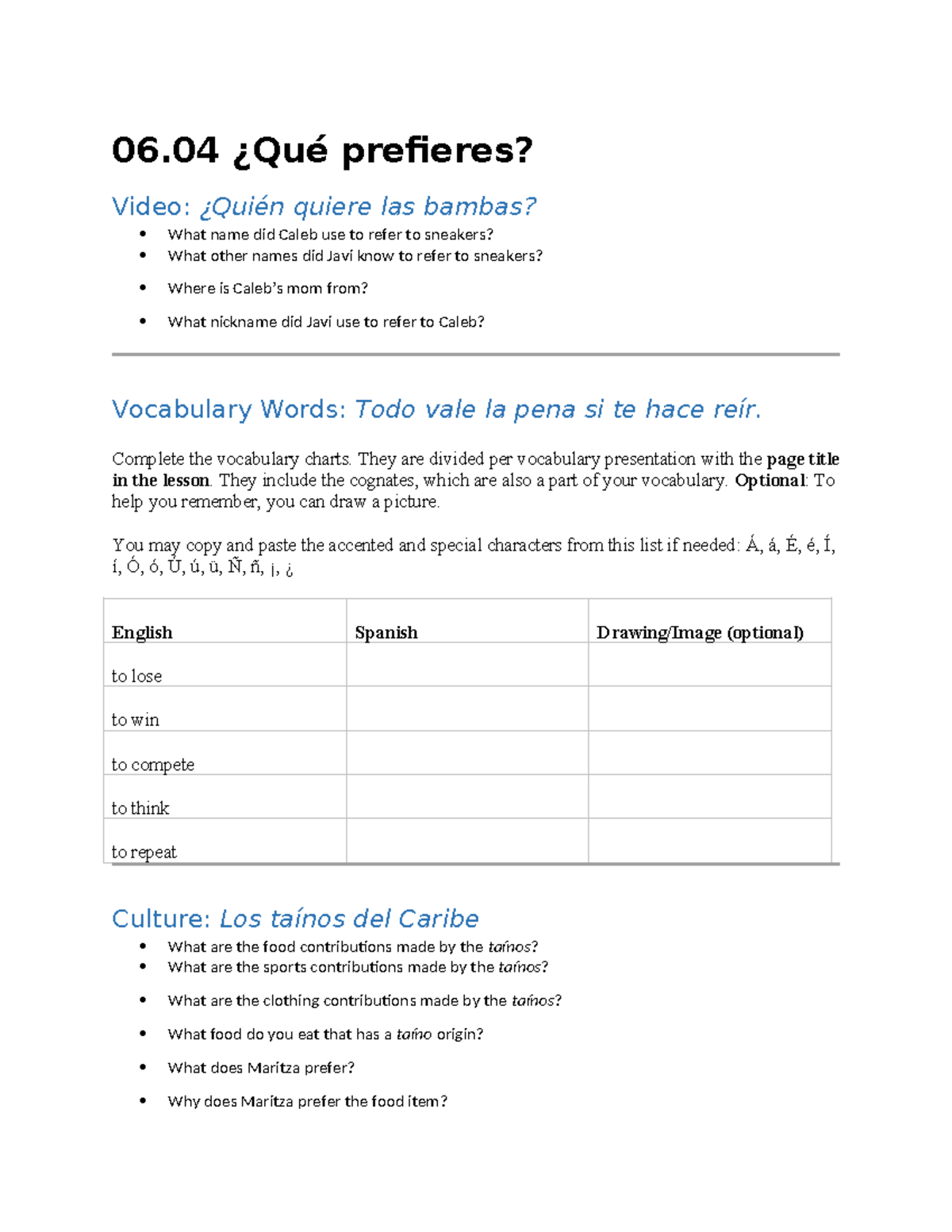 Helpful note guide for Spanish 1 semester 2 - 06 ¿Qué prefieres? Video ...
