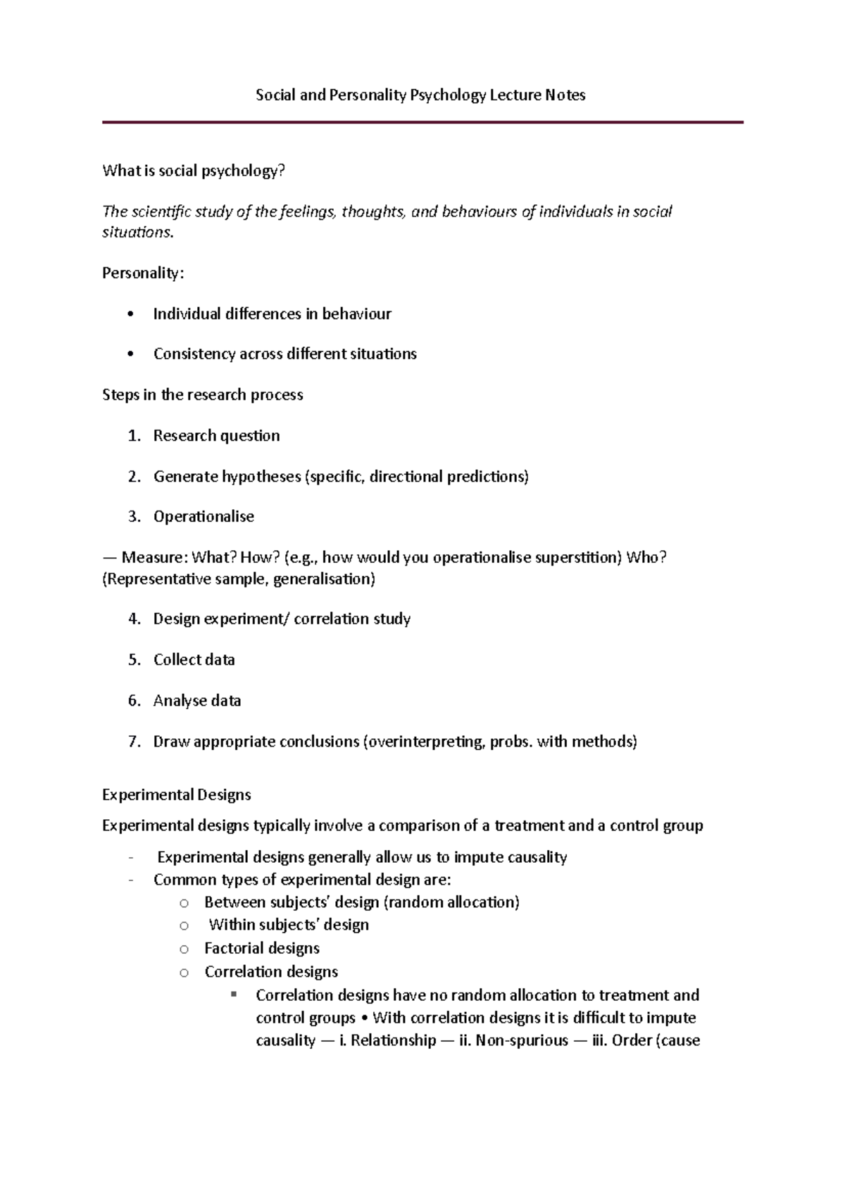 Social and Personality Psychology Lecture Notes - Personality ...