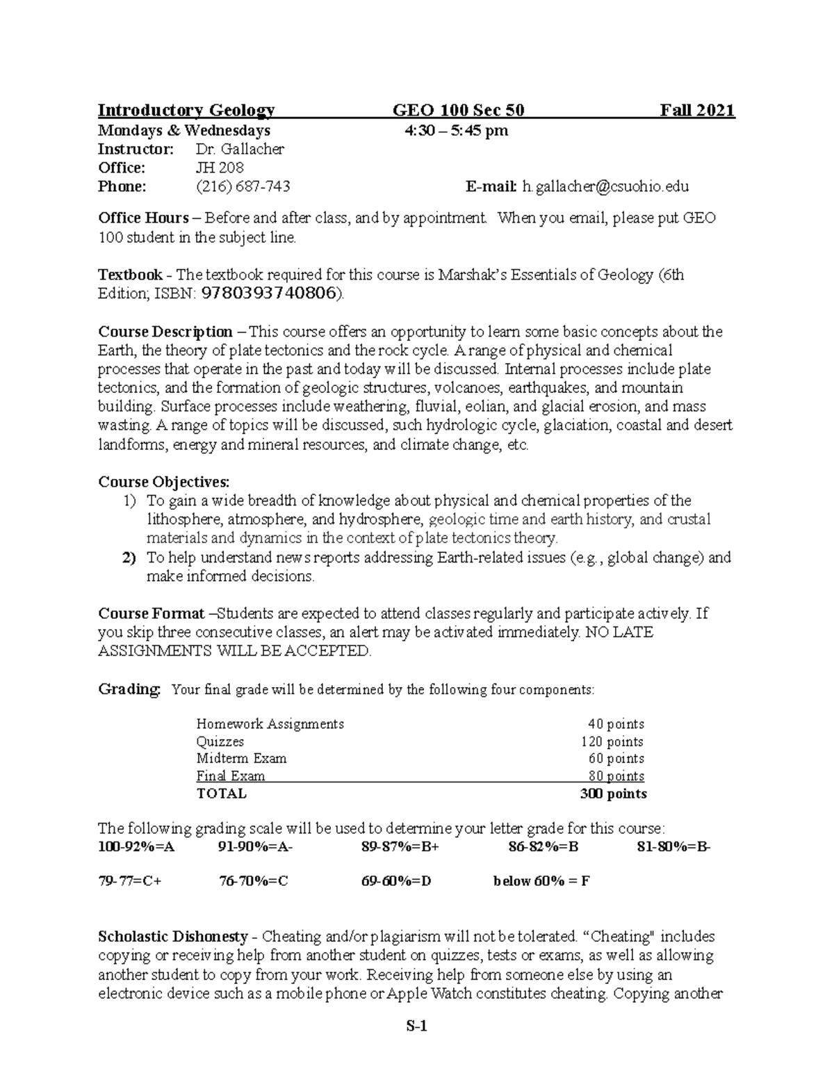 GEO 100 syllabus Fall 21 - Introductory Geology GEO 100 Sec 50 Fall ...
