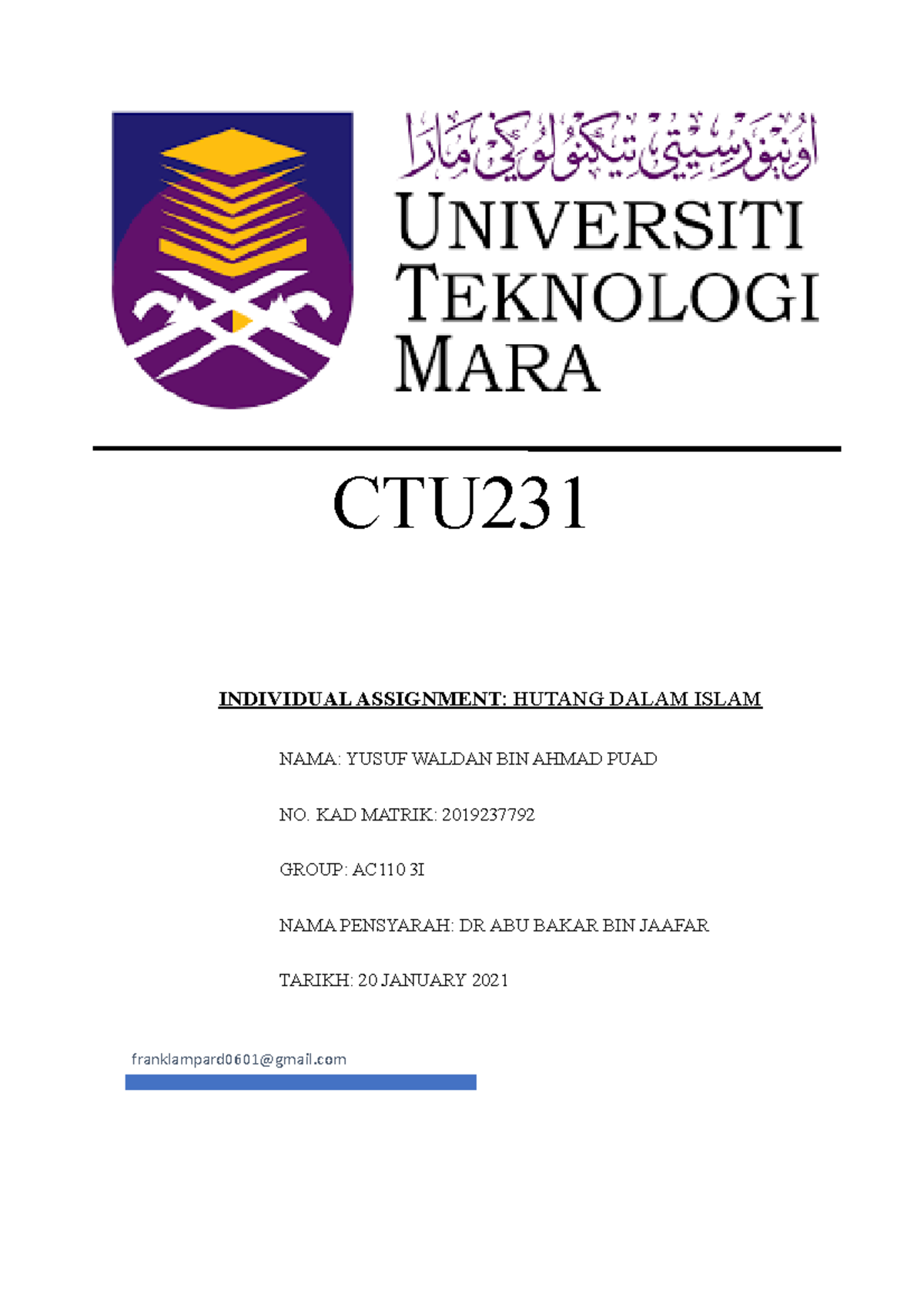 CTU231 Assignment Individual 2021- This is for 2021 - CTU INDIVIDUAL ...