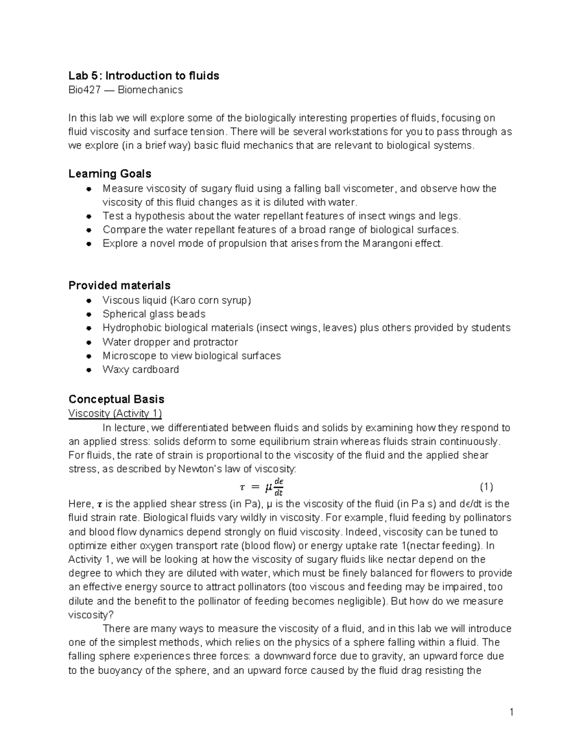 Lab 5 Intro to fluids - Lab handout - Lab 5: Introduction to fluids ...