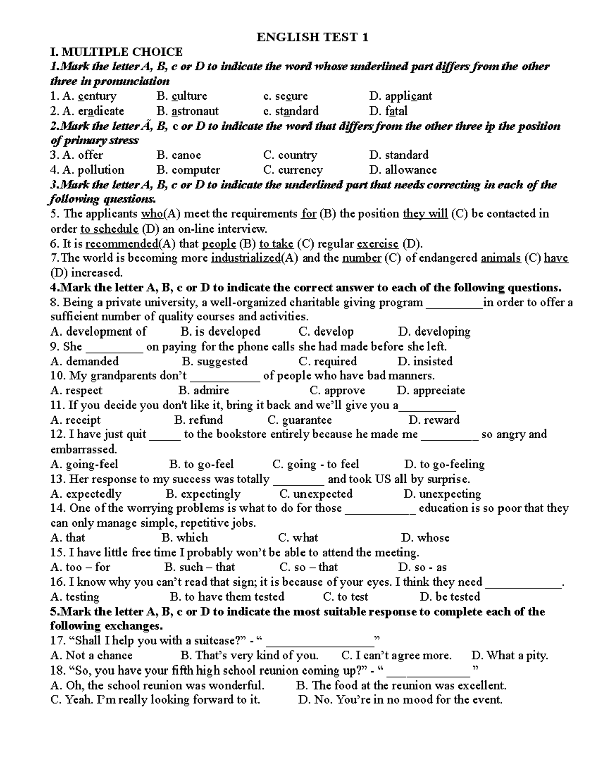 TEST FOR UNIT 1-2-3 ( Giua ky 1) L8 - De bai - ENGLISH TEST 1 I ...