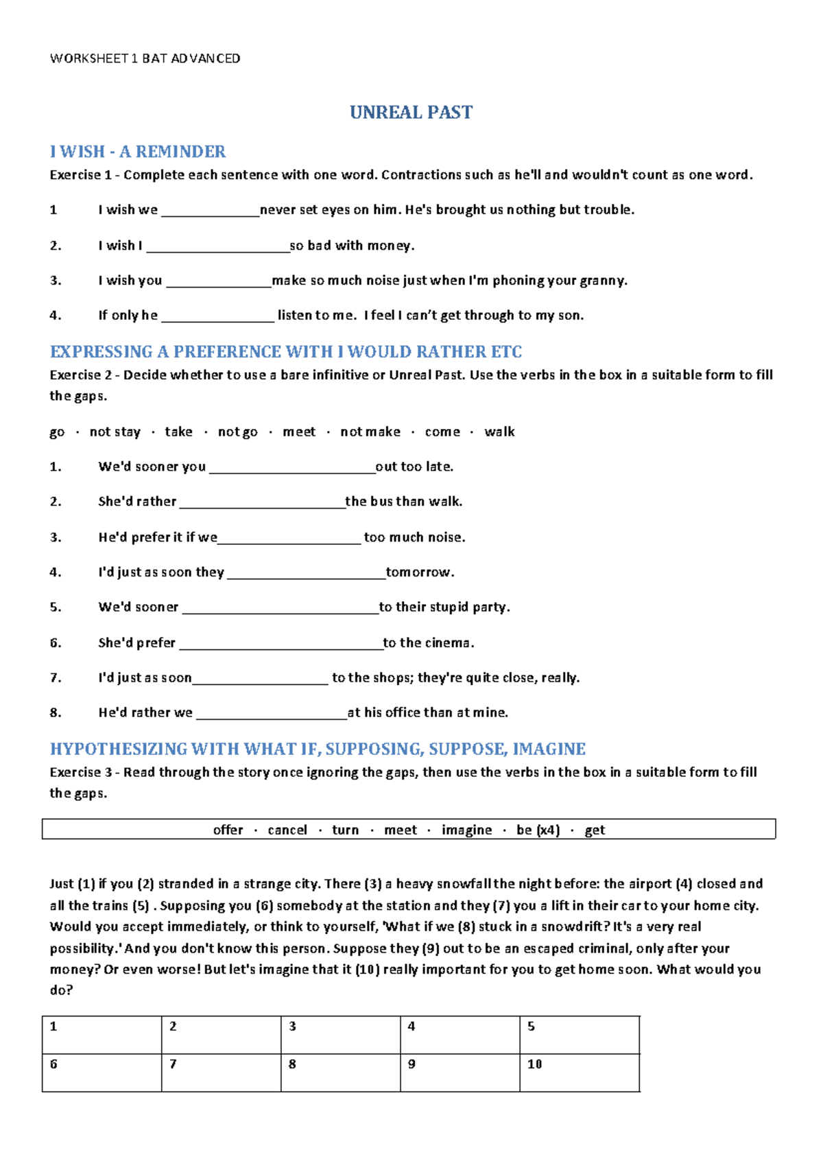 Unreal PAST - deberes de ingles - WORKSHEET 1 BAT ADVANCED UNREAL PAST ...