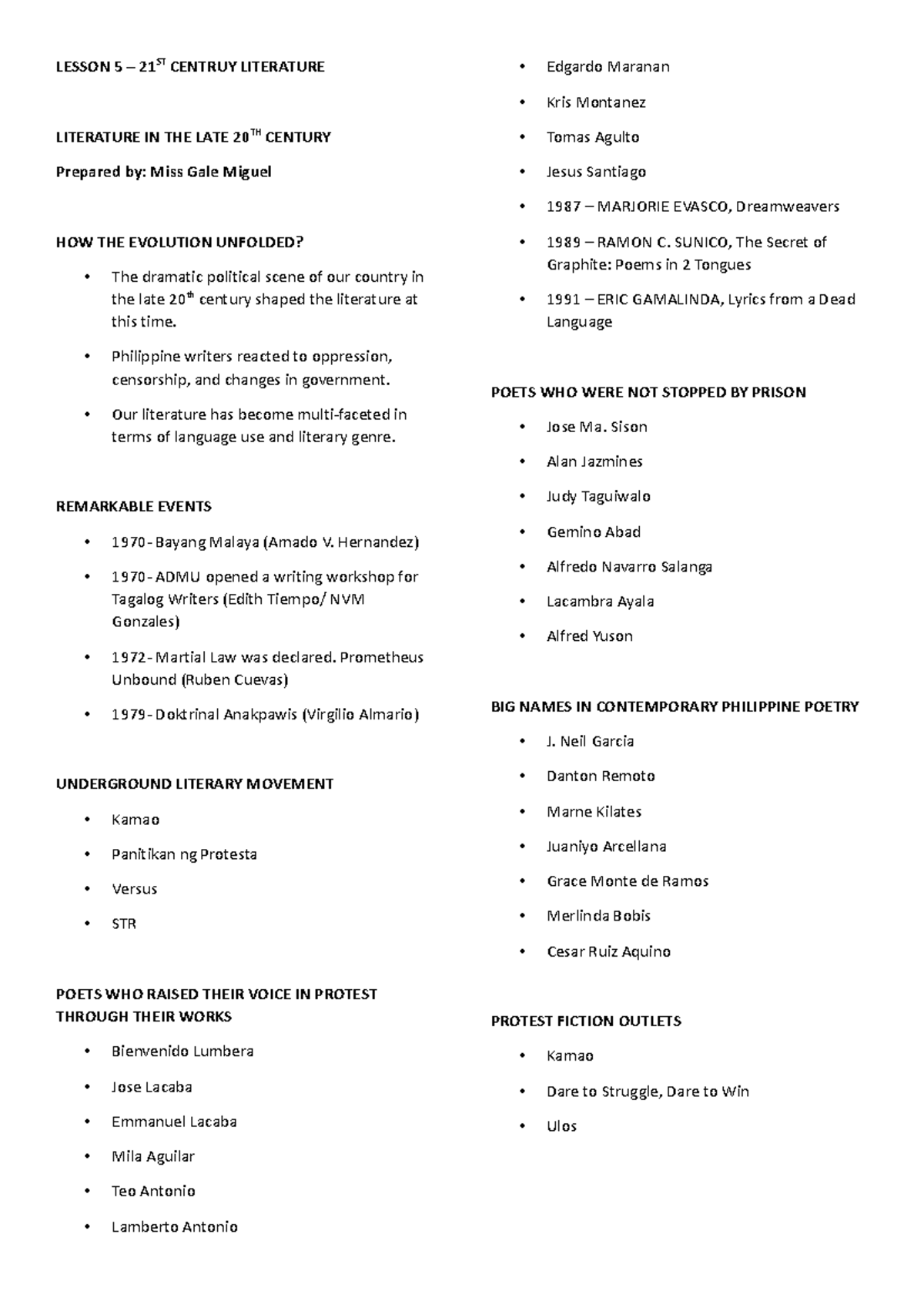 Lesson 5 LIT LATE 20TH Century - LESSON 5 – 21ST CENTRUY LITERATURE ...