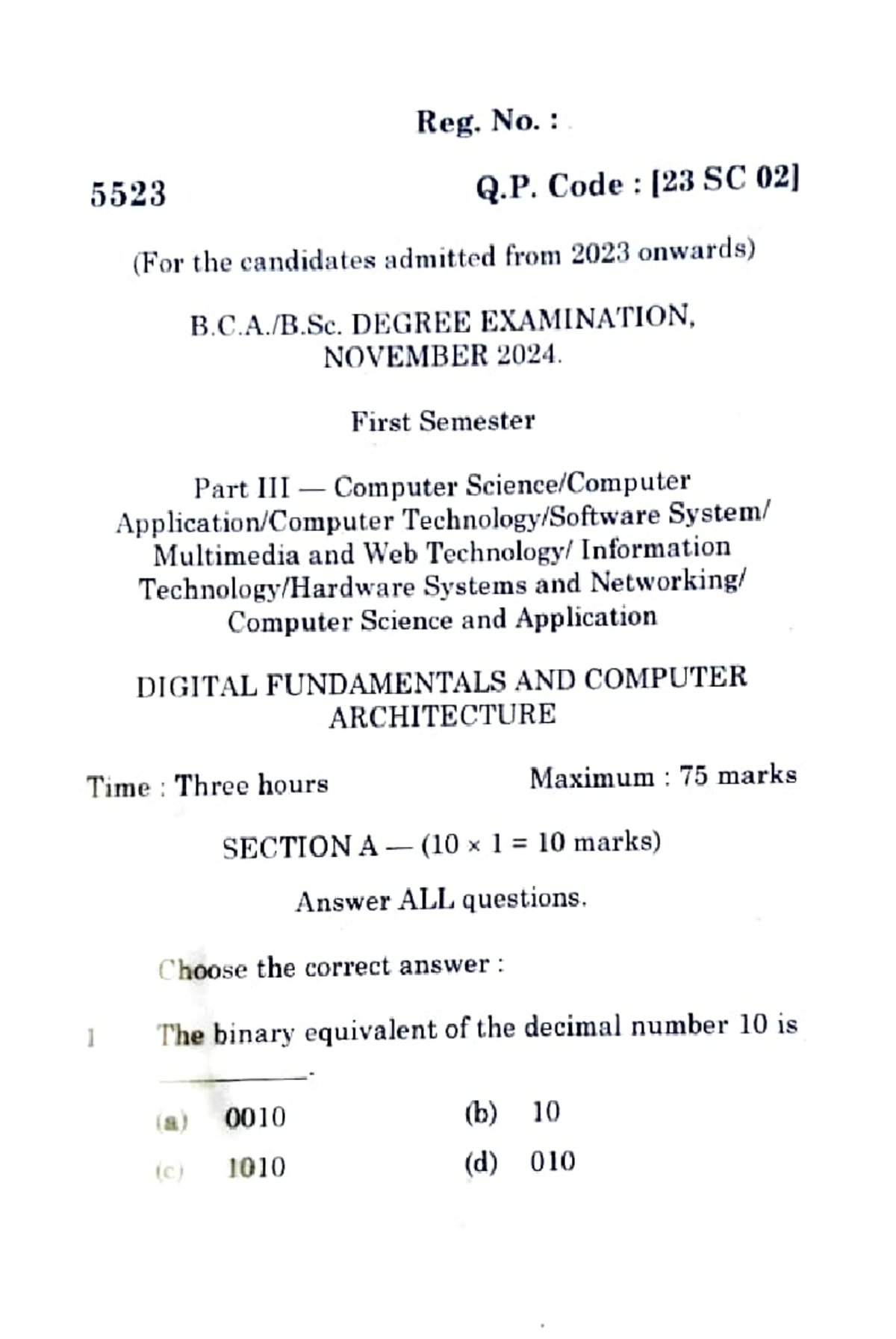 digital fundamentals and architecture - question paper - nov 2024 ...