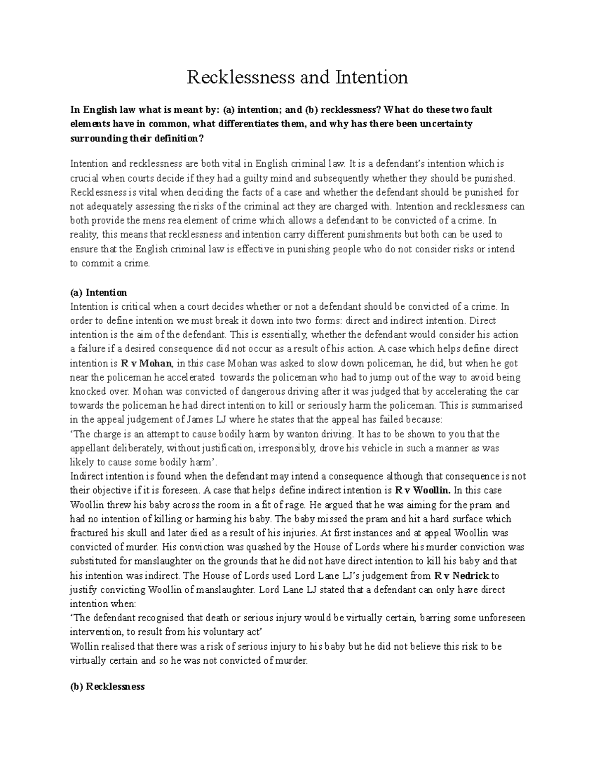 Recklessness and Intention - It is a defendant’s intention which is ...