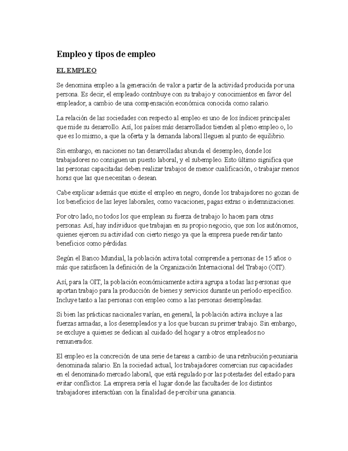 Investigacion de conceptos de Empleo y desempleo - Empleo y tipos de ...