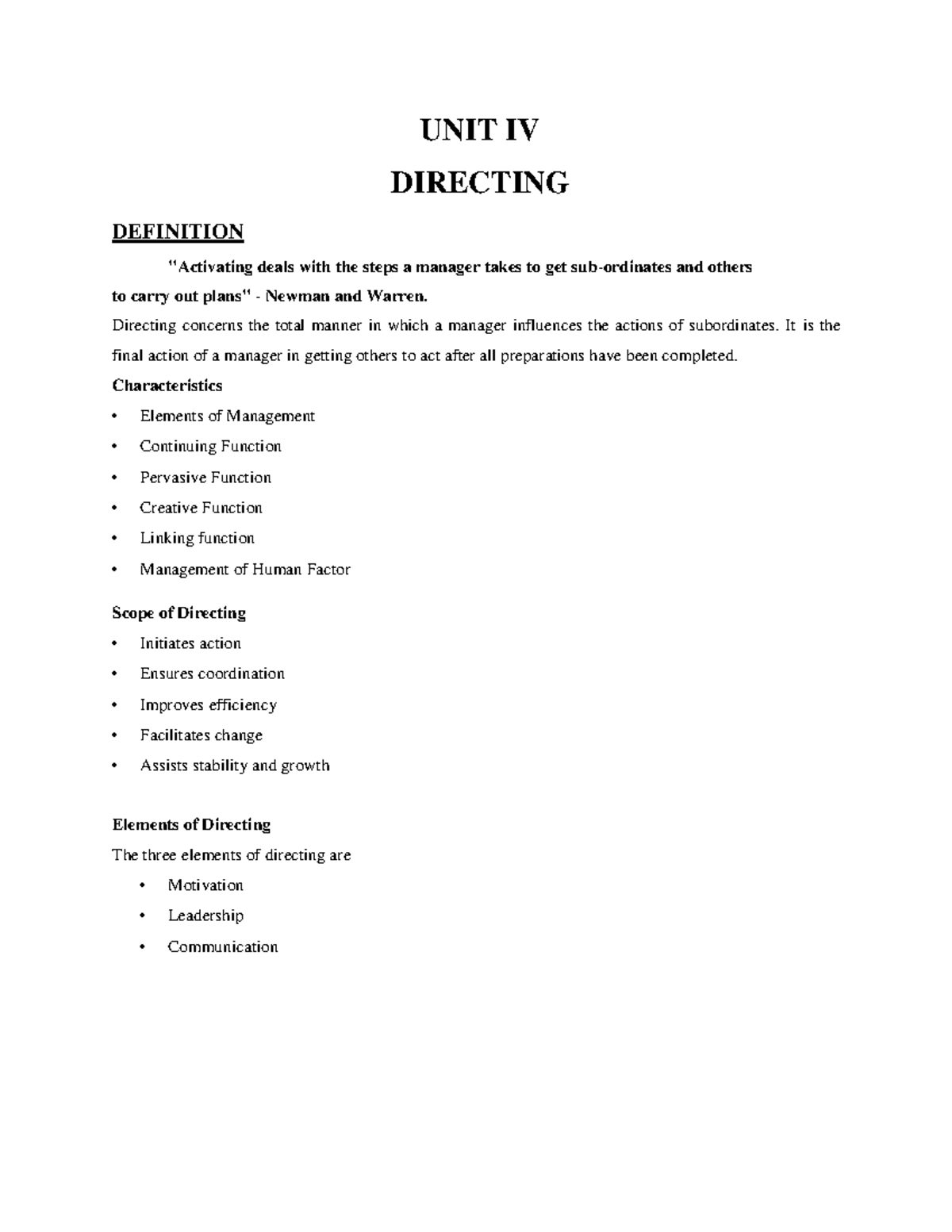 UNIT IV pom - pom notes - UNIT IV DIRECTING DEFINITION "Activating ...