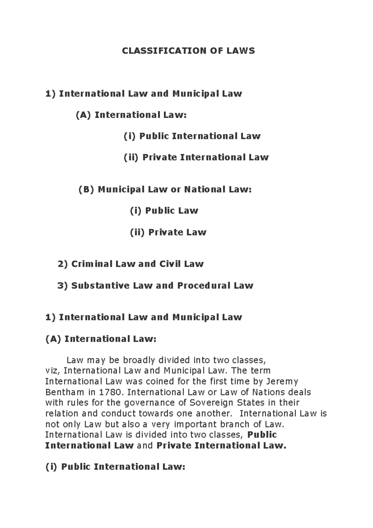 Classification of Laws - CLASSIFICATION OF LAWS 1) International Law ...