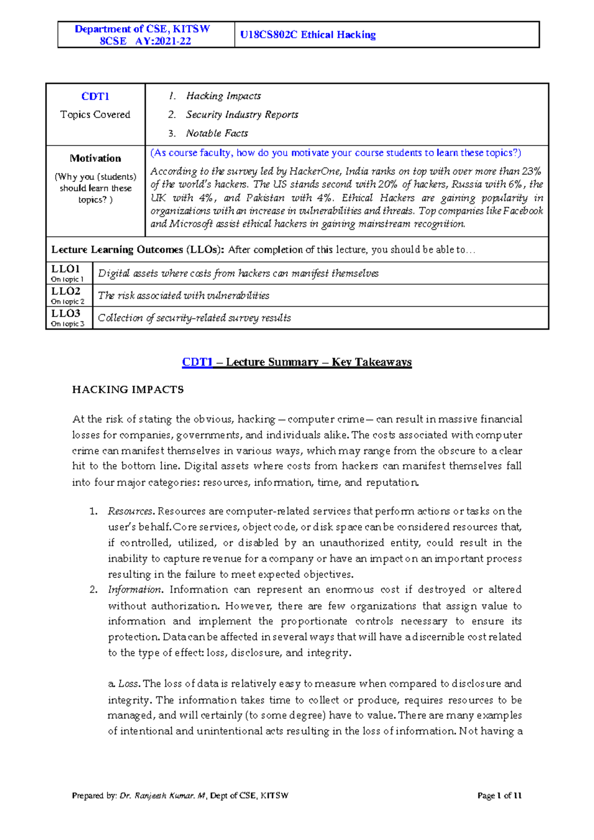 EH Week-1 - Notes for EH - 8CSE AY:2021-22 U18CS802C Ethical Hacking ...