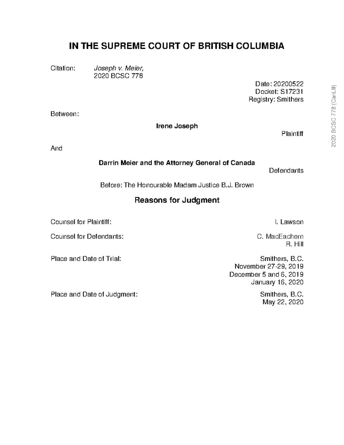 2020bcsc778 - N/A - IN THE SUPREME COURT OF BRITISH COLUMBIA Citation ...