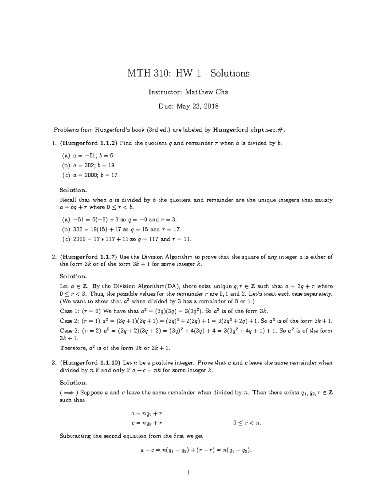 Hw1 sol - Homework Solutions - MTH 310: HW 1 - Solutions Instructor ...