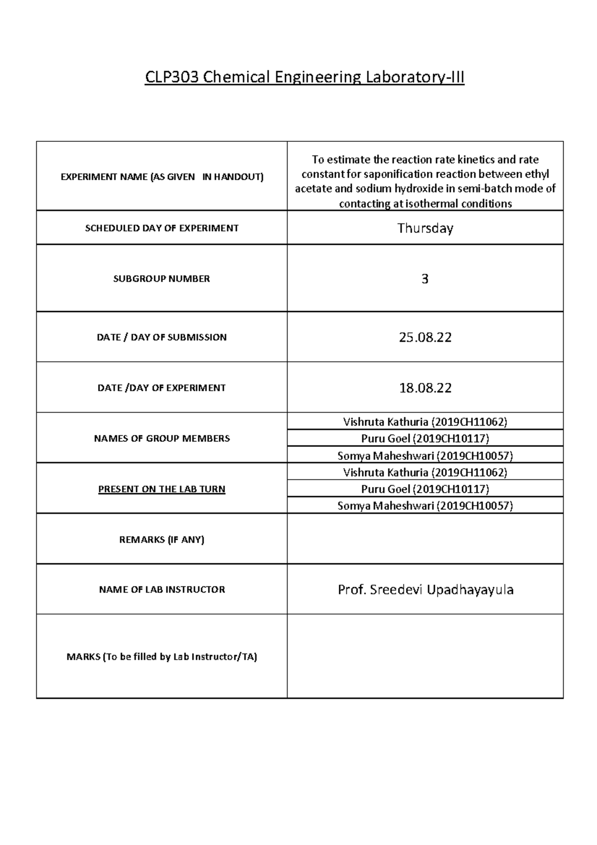 Exp1final - Chemical Engineering Practical - CLP303 Chemical ...