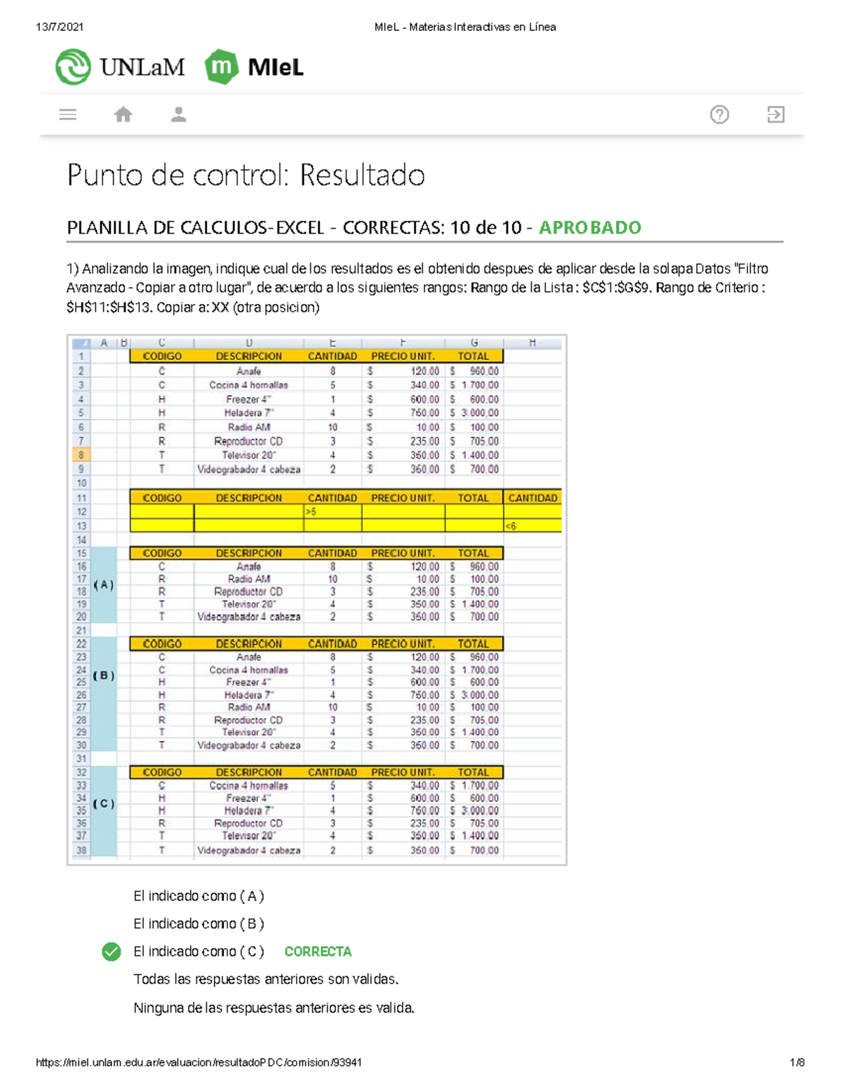 O - ....... - Punto de control: Resultado PLANILLA DE CALCULOS-EXCEL - CORRECTAS: 10 de 10 ...