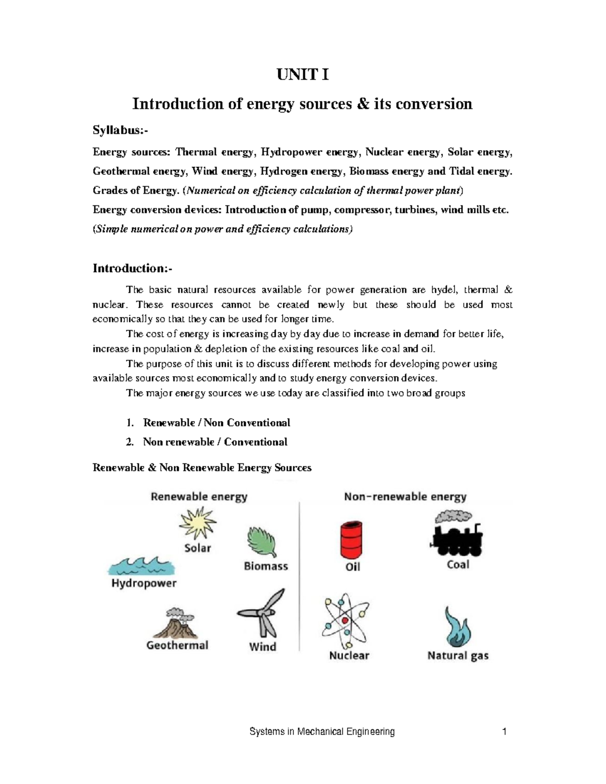 Notes UNIT I - UNIT I Introduction of energy sources & its conversion ...