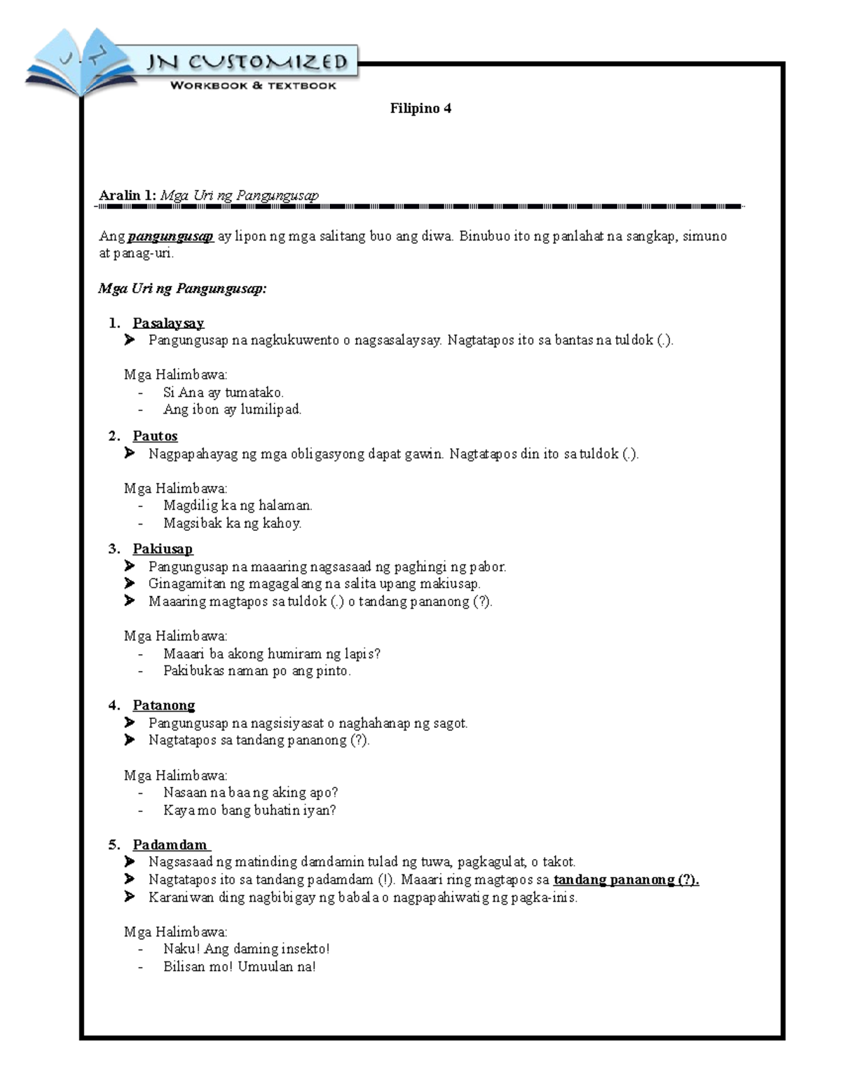 Filipino 4 asd jqk dj S,, - Filipino 4 Aralin 1: Mga Uri ng Pangungusap ...