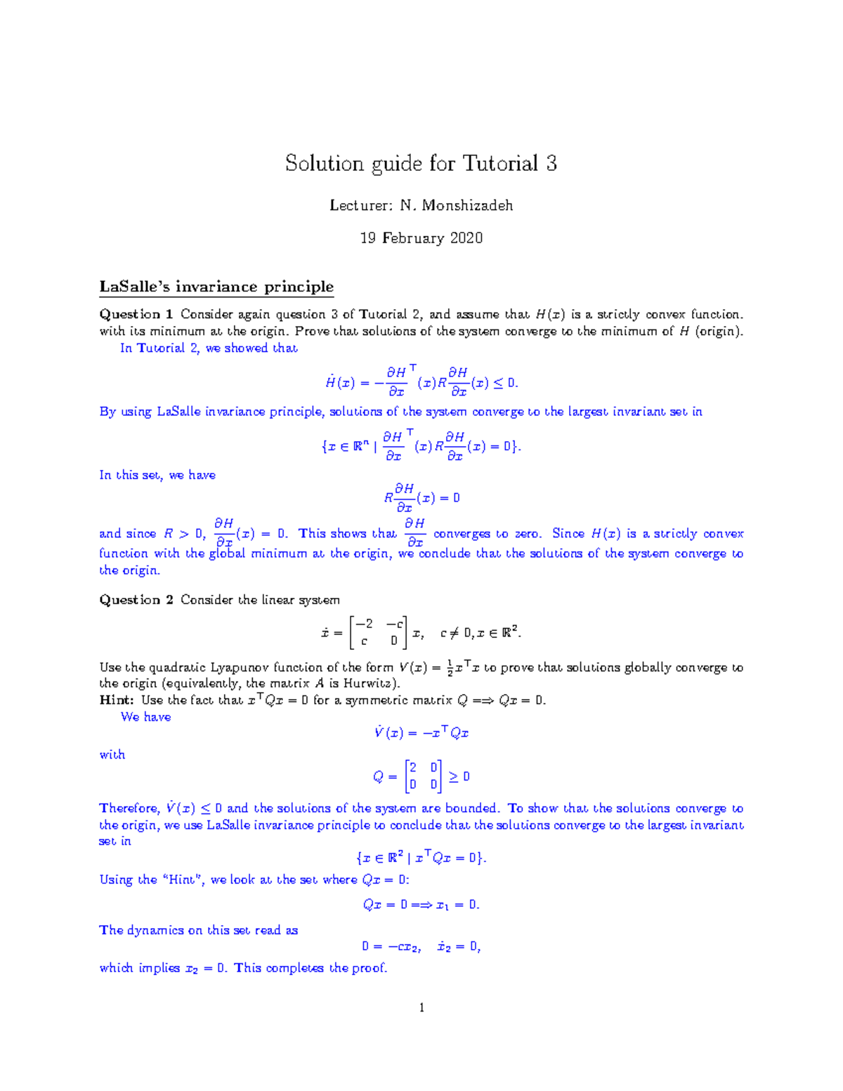 Tutorial 3 solution - Solution guide for Tutorial 3 Lecturer: N ...