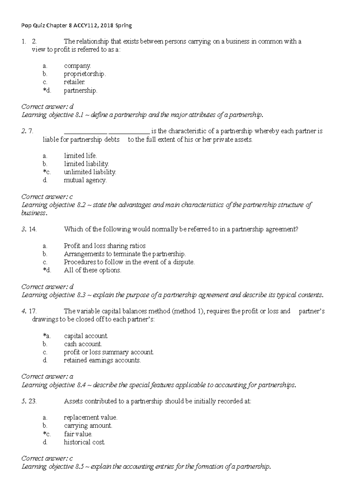 ACCY112- Chapter 8 with solutions - Pop Quiz Chapter 8 ACCY112, 2018 ...
