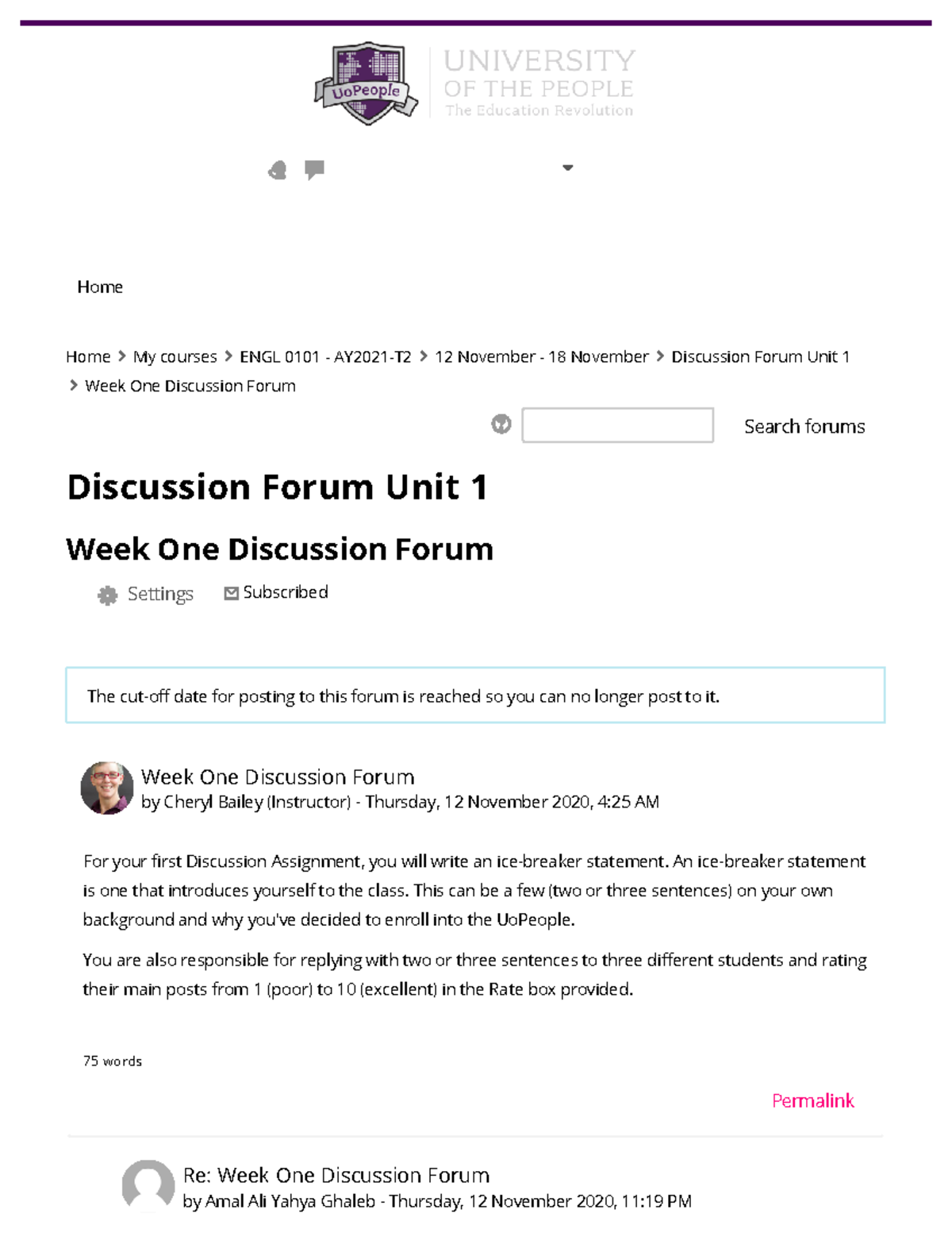 ENGL 0101 - AY2021-T2 Week One Discussion Forum - / Home Discussion ...