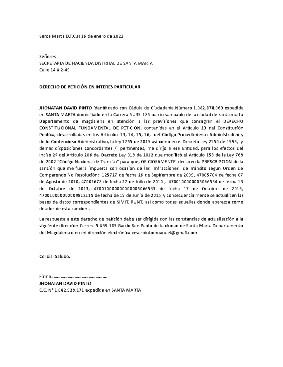 Derecho de Peticion Multa Transito - Santa Marta D.T.C 16 de enero de ...