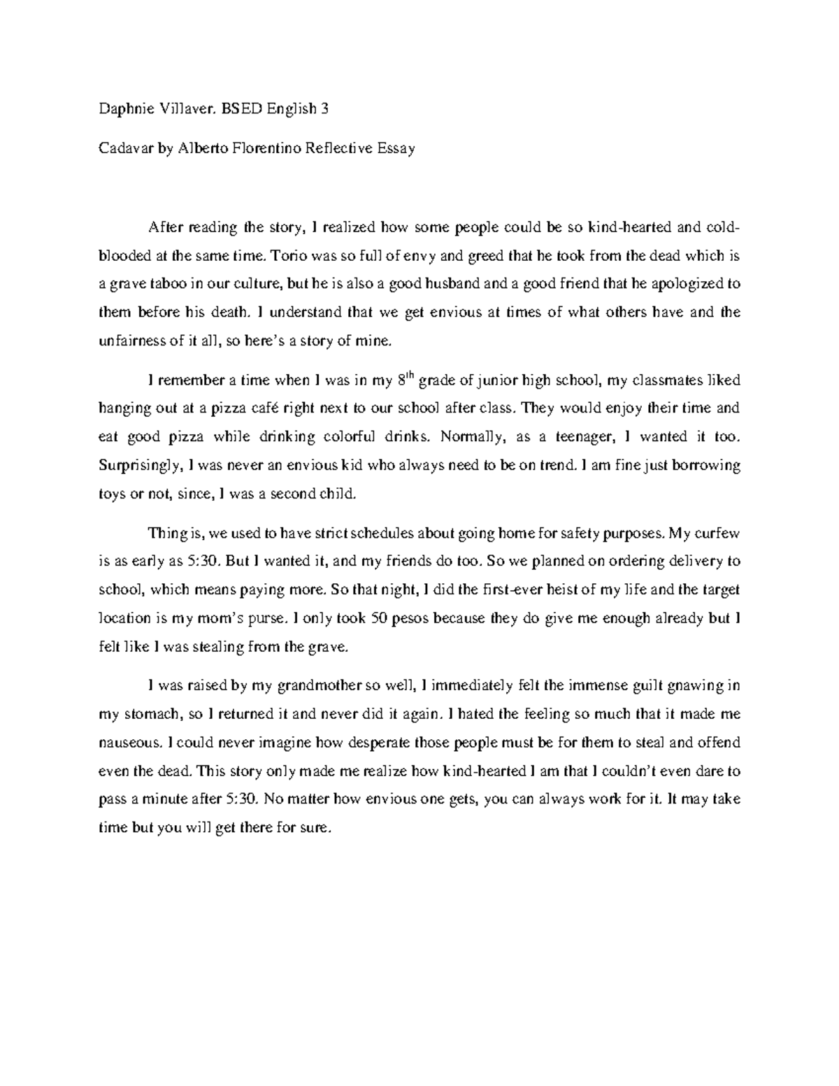 Cadavar by Alberto Florentino Reflective Essay - Daphnie Villaver. BSED ...