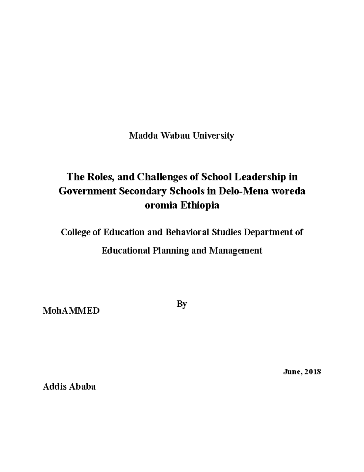 Mo. Res - practice material - Madda Wabau University The Roles, and ...