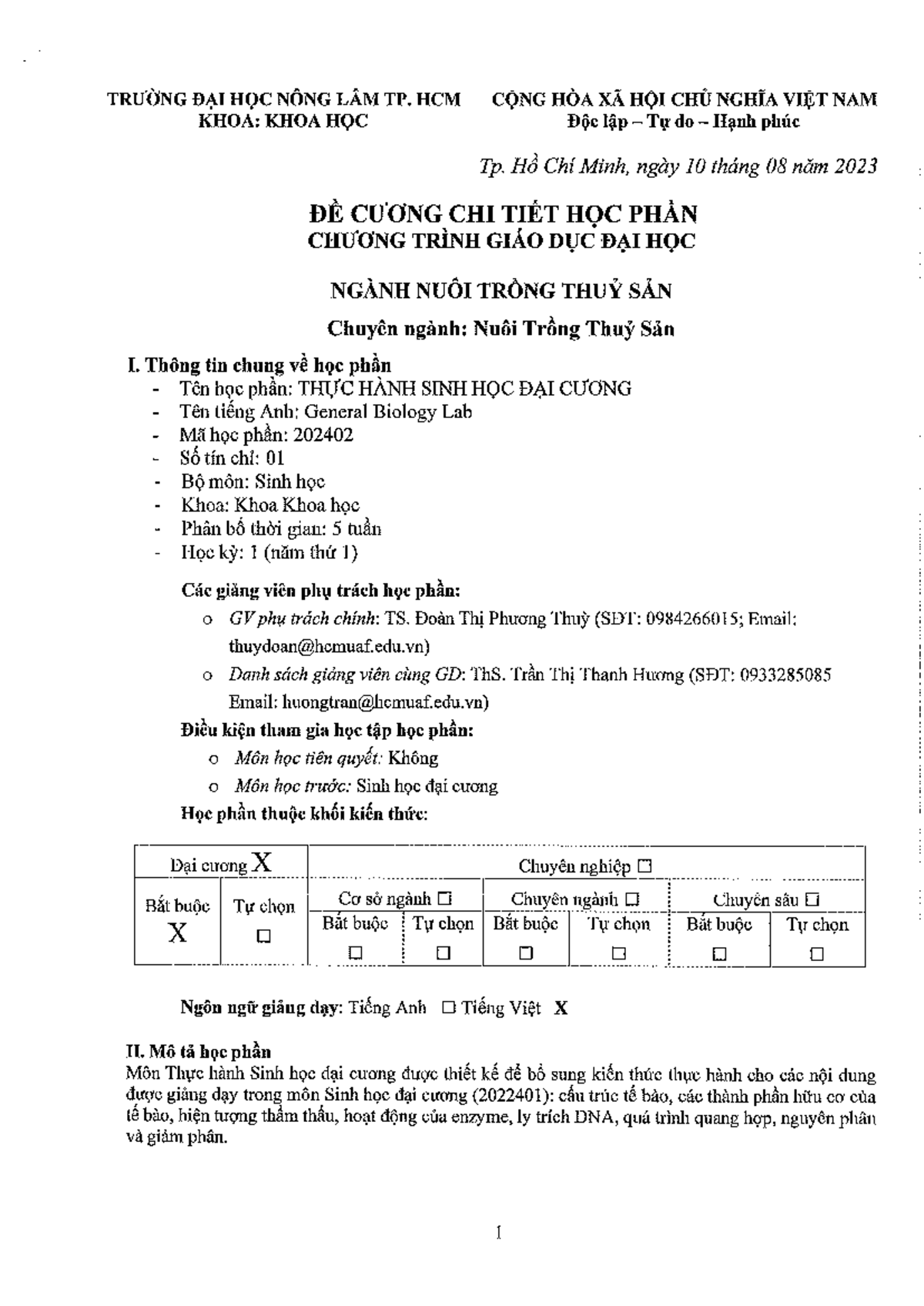 Thuc hanh Sinh hoc dai cuong - TRUONG DAI HQC NONG LÁM TP. HCM CONG HOA XÃ HOI CHU NGHIA VIET ...