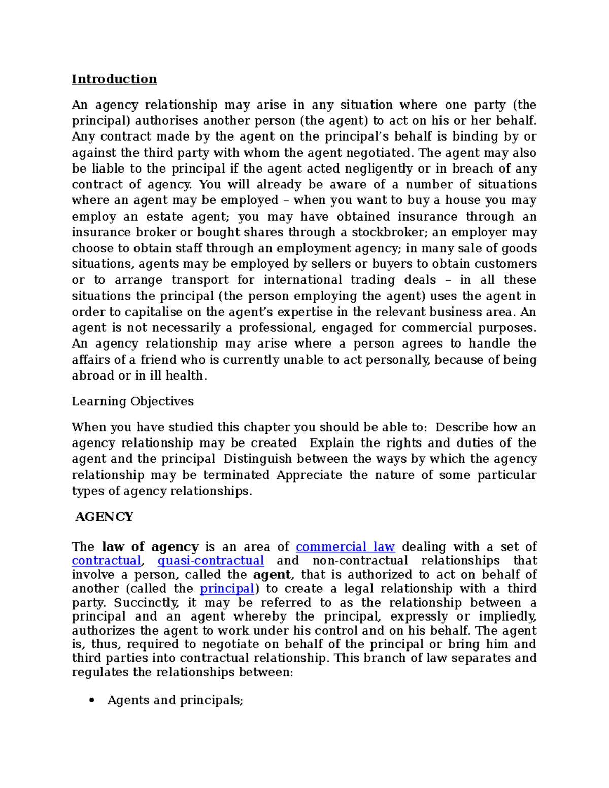 Agency - Introduction An agency relationship may arise in any situation ...