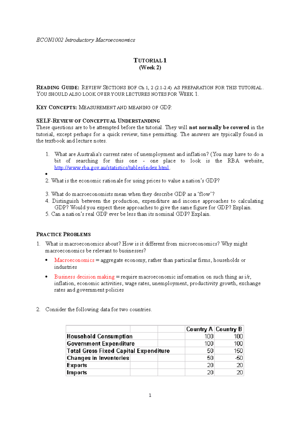Tutorial 01 (Week 2) Questions - ECON1002 Introductory Macroeconomics TUTORIAL 1 (Week 2 ...
