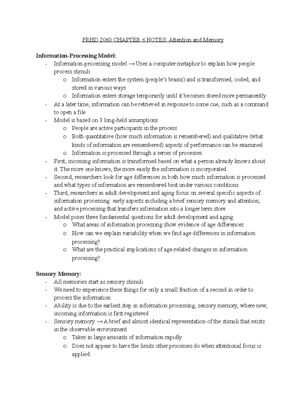 FRHD 2060 Chapter 6 Notes - FRHD 2060 CHAPTER 6 NOTES: Attention and ...