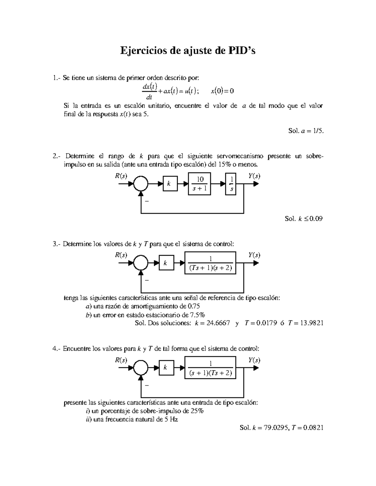 Ejercicios PID - Ejercicios de ajuste de PID’s 1.- Se tiene un sistema de primer orden descrito ...