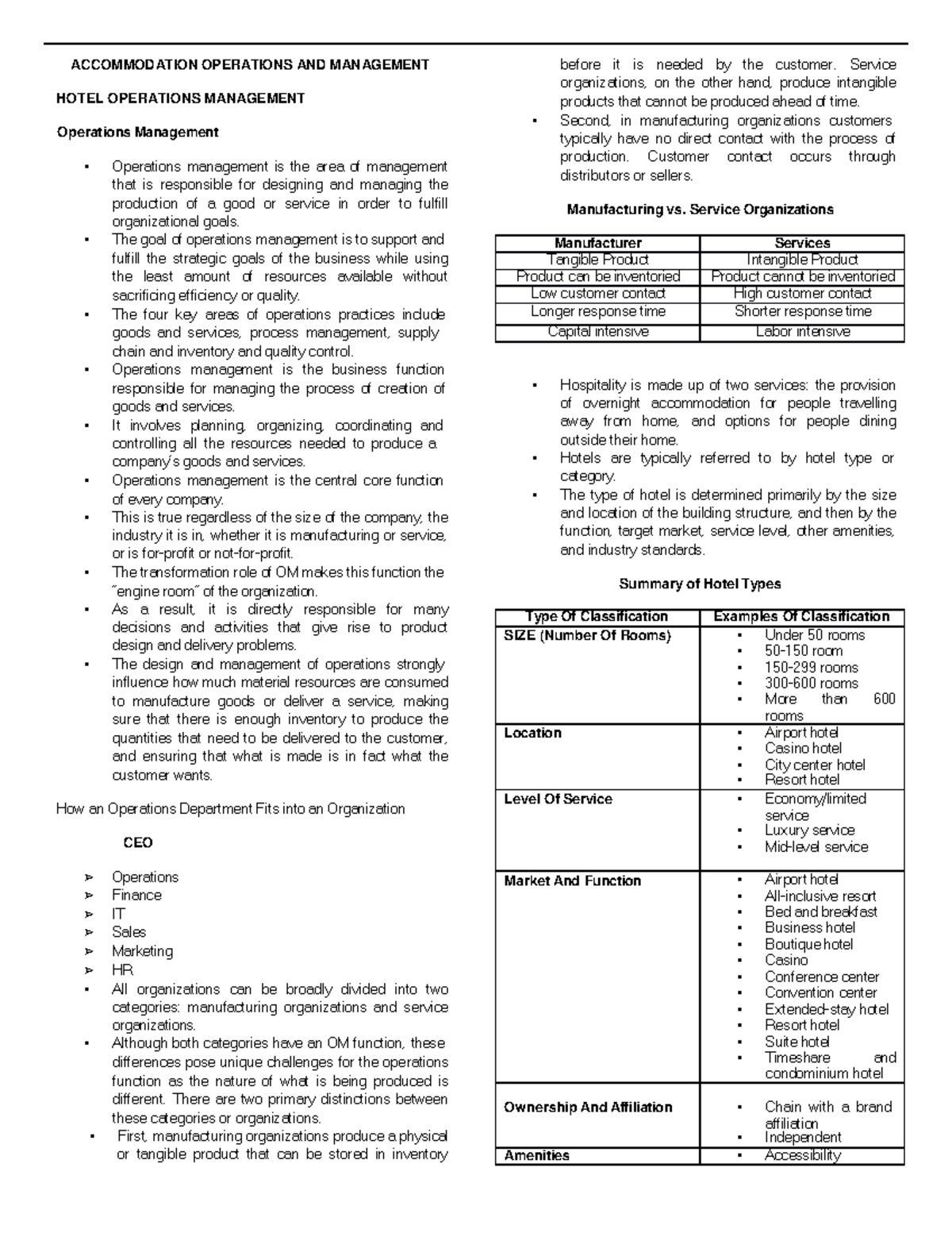 AOAM Prelim Reviewer - ACCOMMODATION OPERATIONS AND MANAGEMENT HOTEL OPERATIONS MANAGEMENT - Studocu