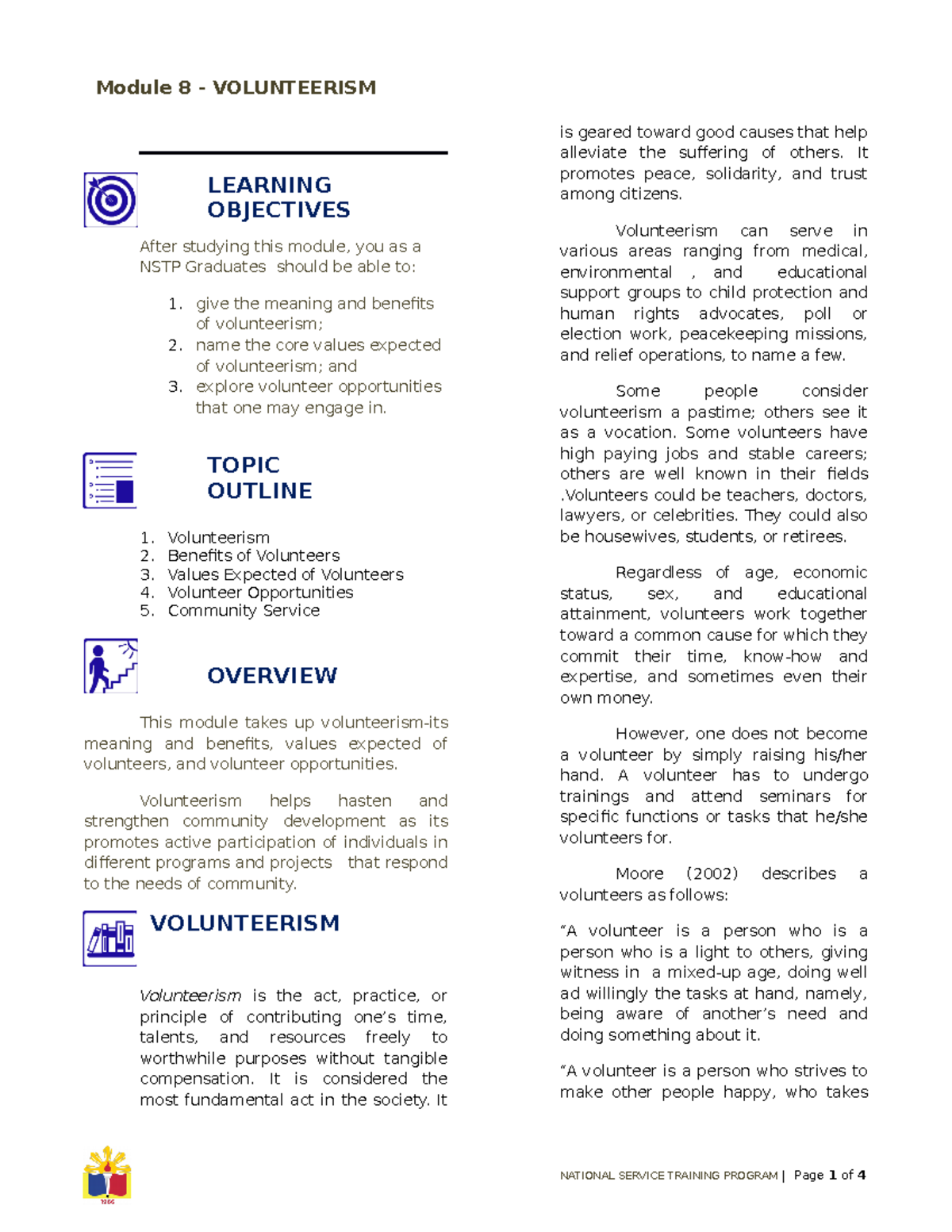Volunteerism - LEARNING OBJECTIVES After studying this module, you as a ...