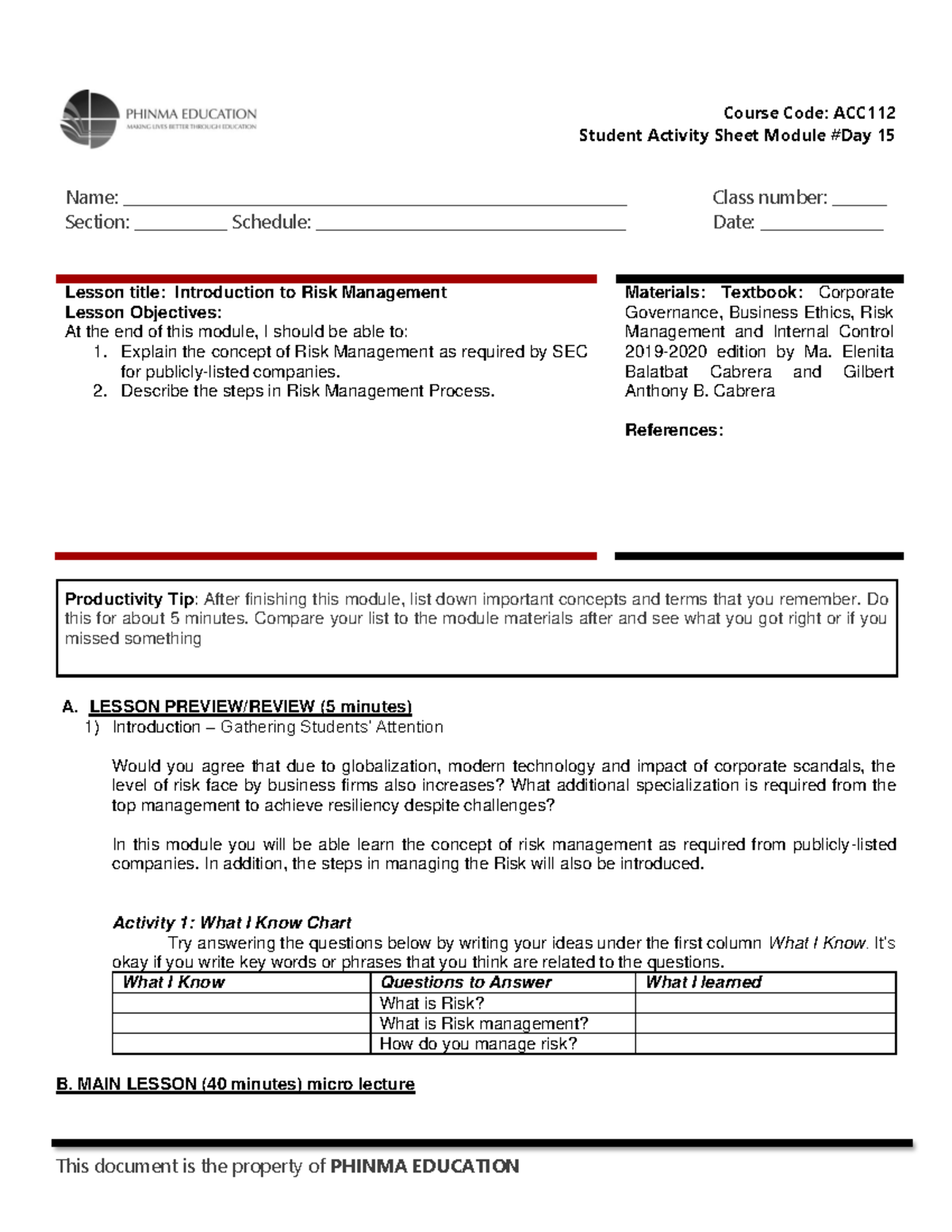 SAS#15-ACC112 - Lecture notes 15 - Student Activity Sheet Module #Day ...