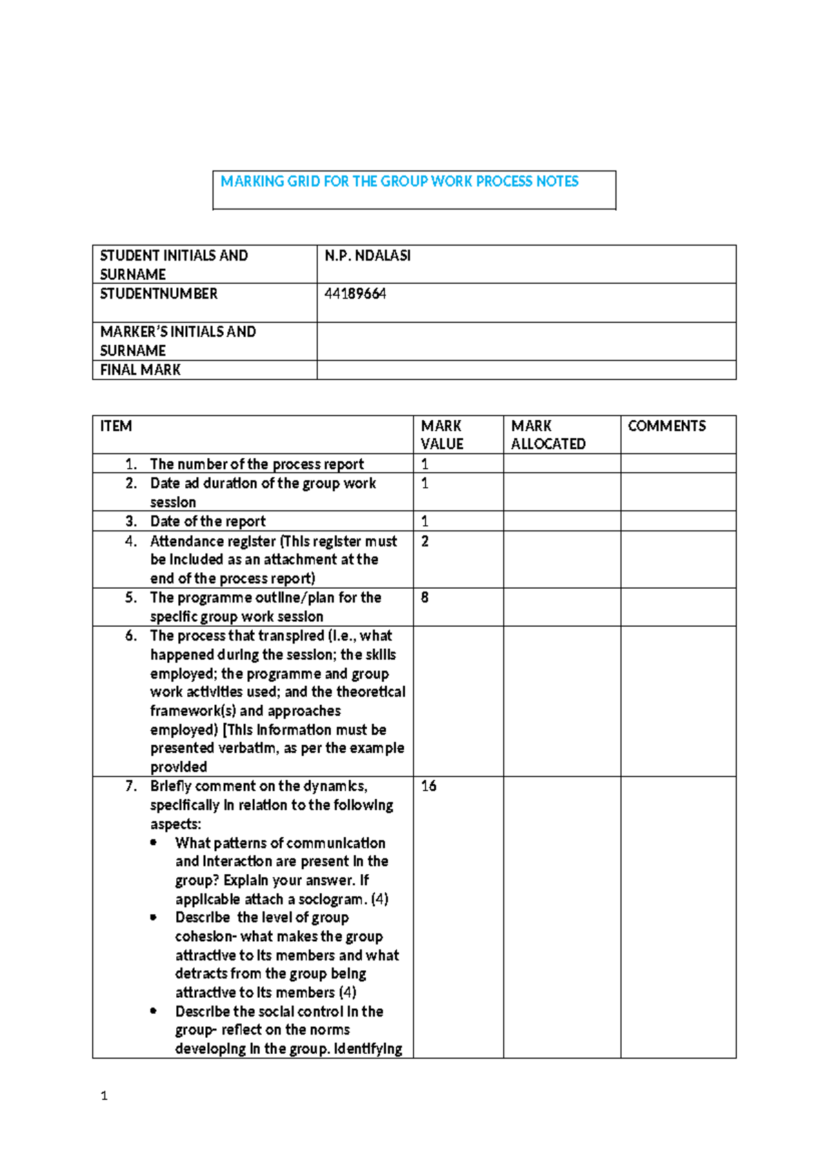 Group WORK Process NOTE NO 2 - MARKING GRID FOR THE GROUP WORK PROCESS ...