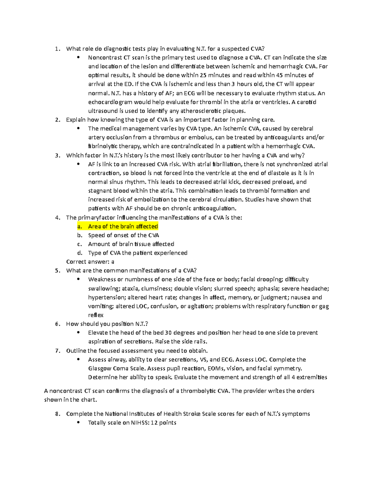 Diagnostic Tests and Care for CVA - Studocu