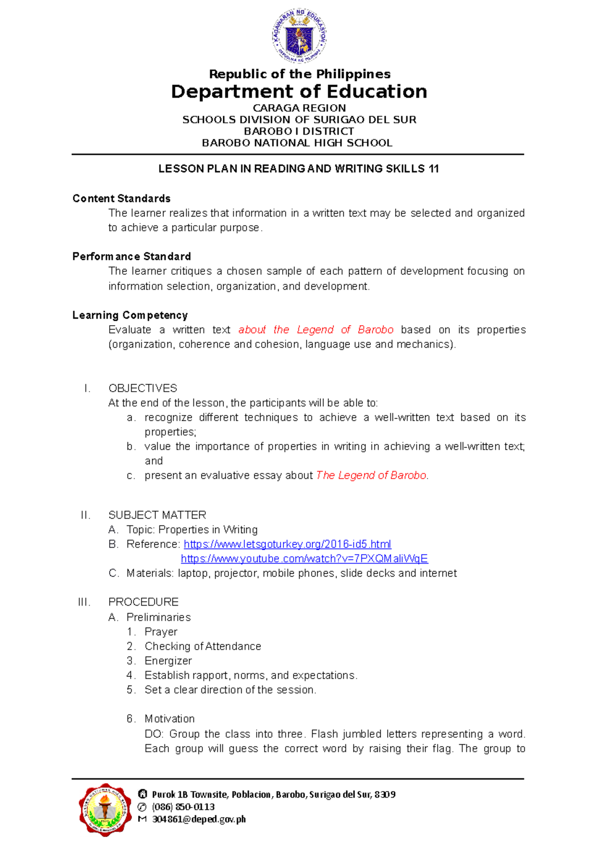 LP Reading Writing Skills - Republic of the Philippines Department of ...