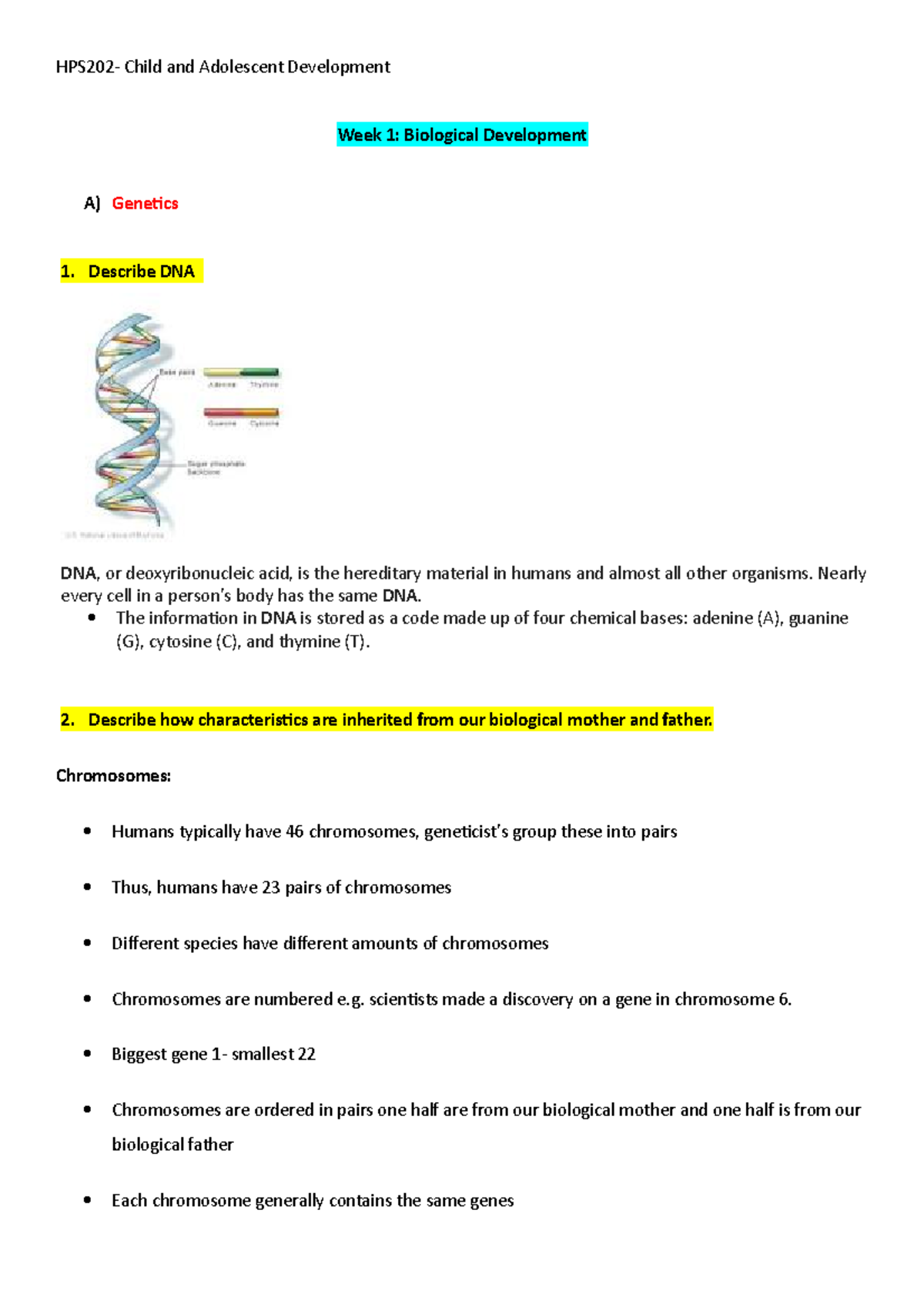 HPS202- Child and Adolescent Development - Week 1: Biological ...