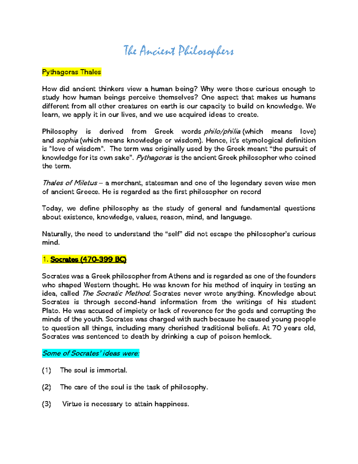 The Ancient Philosophers - The Ancient Philosophers Pythagoras Thales ...