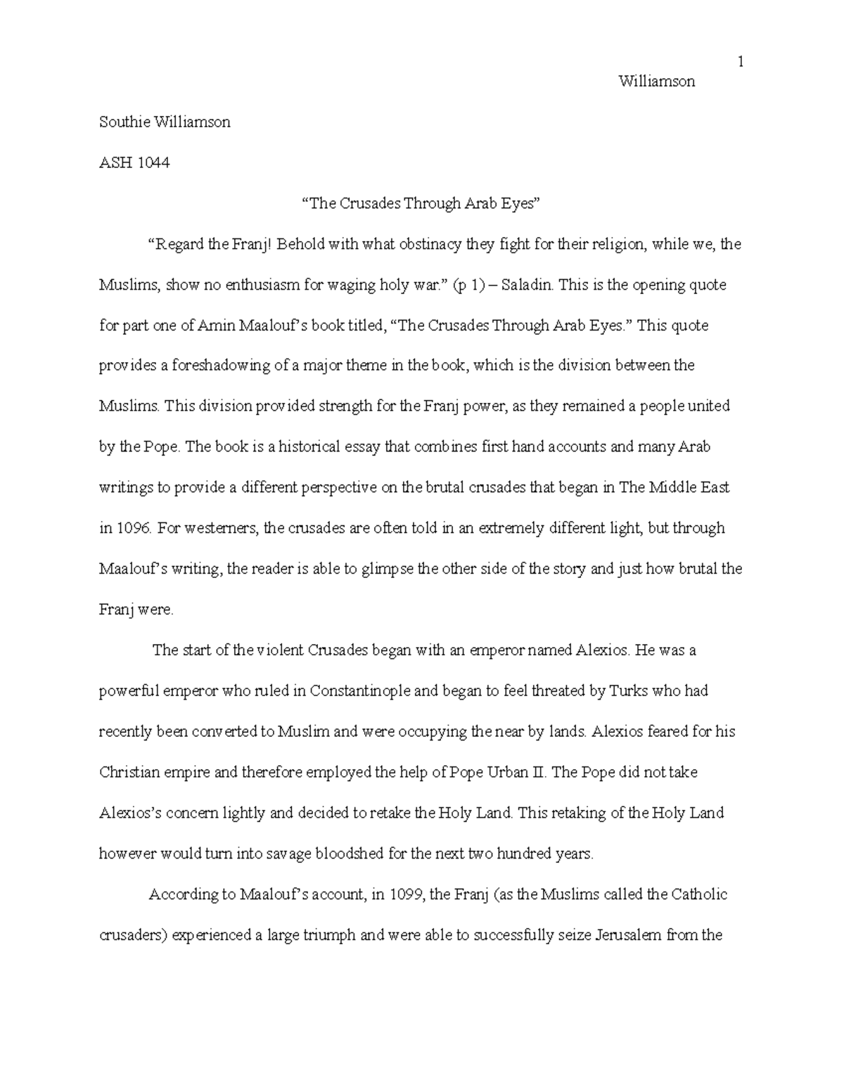 Book Review Essay ASH 1044 "The Crusades Through Arab Eyes ...