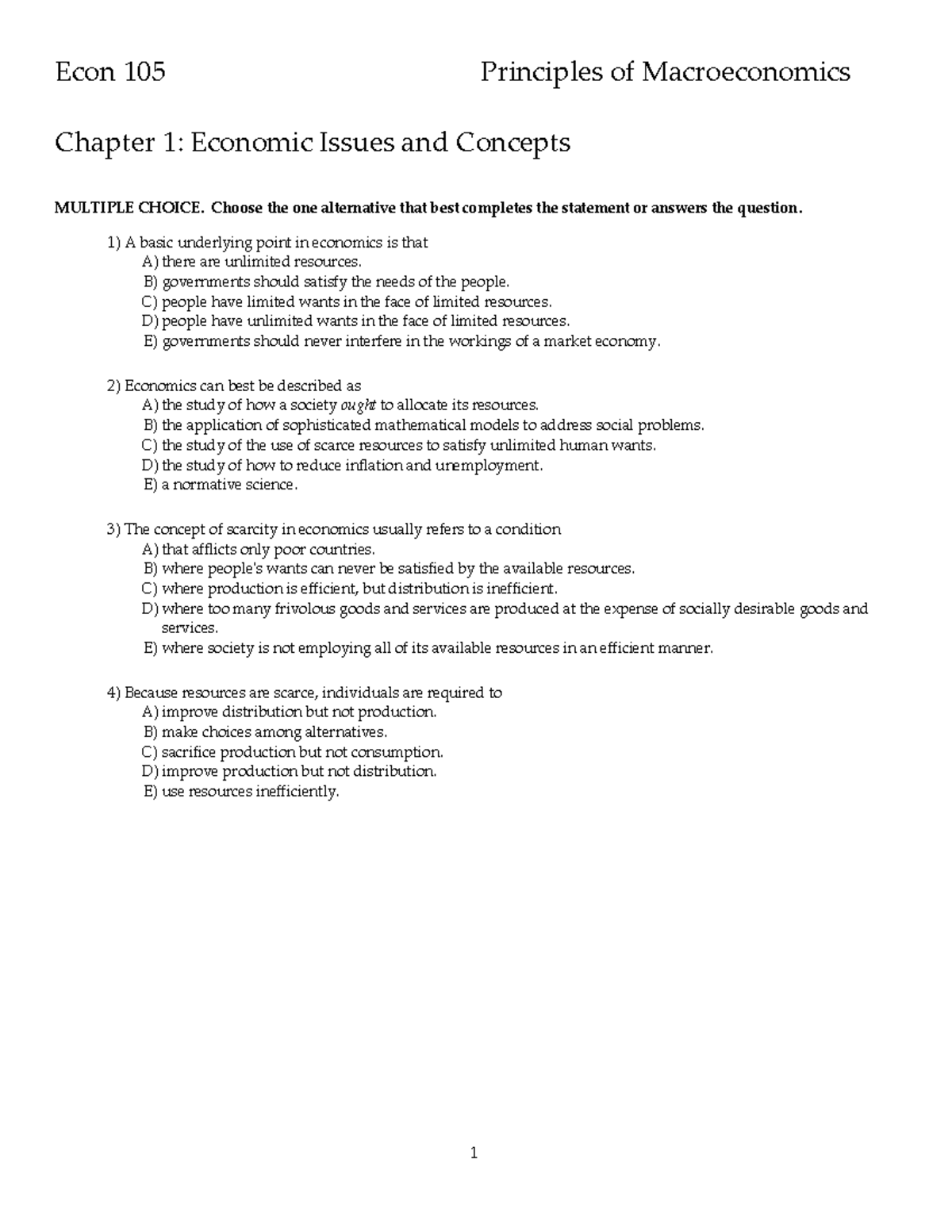 Econ 105 ch 1 v2 - Weekly quiz - Econ 105 Principles of Macroeconomics ...